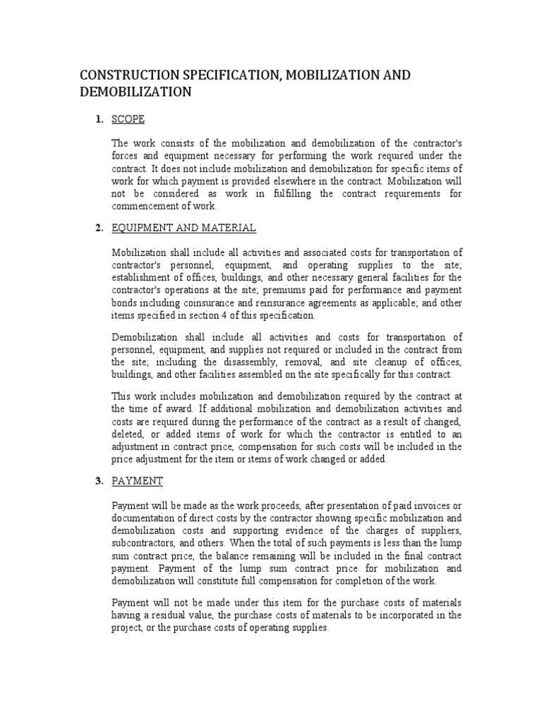 Construction Specification, Mobilization and Demobilization: 1. Scope ...