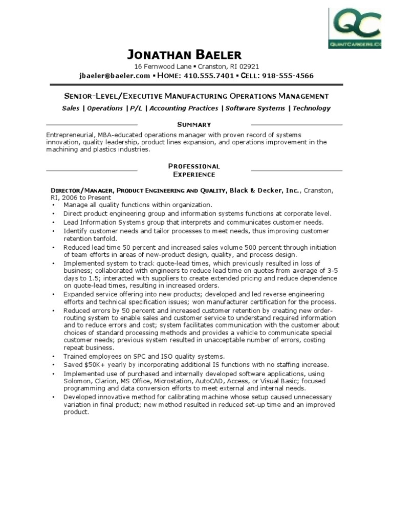Sample Operations Management Resume | Download Free PDF | Quality ...