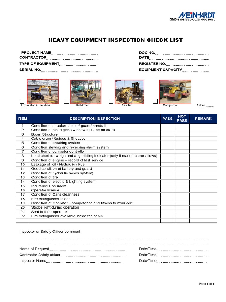 7.10 Sf-006 (Heavy Equipment Inspection Check List) | PDF