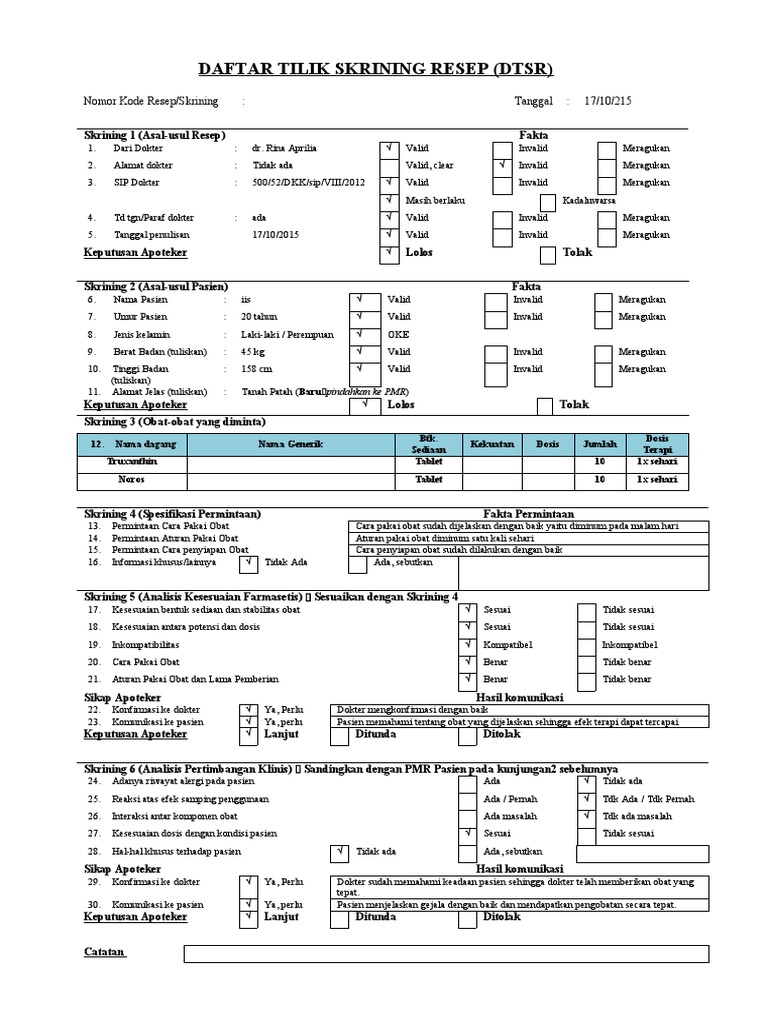 DAFTAR TILIK SKRINING RESEP Ccontoh | PDF | Kesehatan Holistik