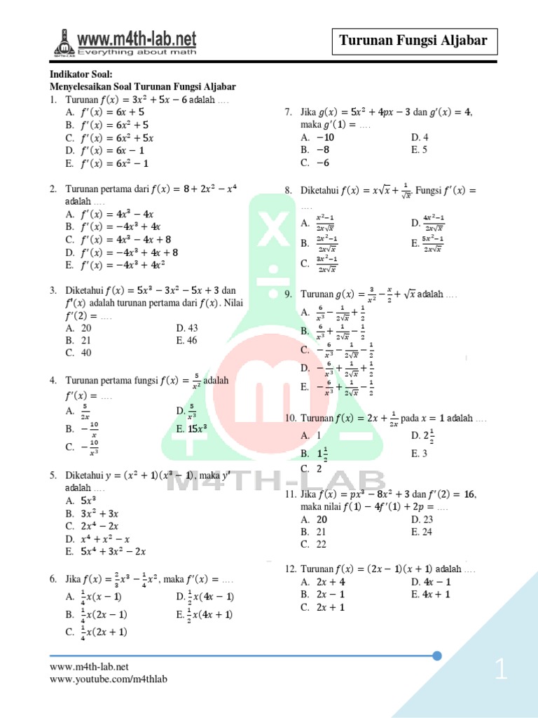 50 Soal Turunan Fungsi Aljabar Kelas 12 | PDF