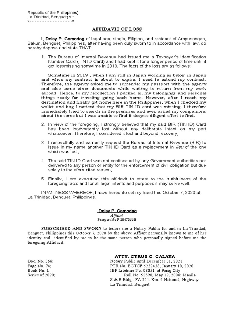Affidavit of Loss for TIN ID Card | PDF | Affidavit | Identity Document