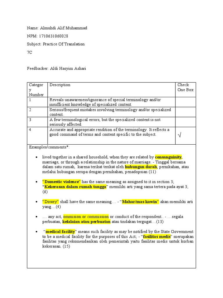 Almuhdi Alif Muhammad - Final Test Translation - 7C | PDF