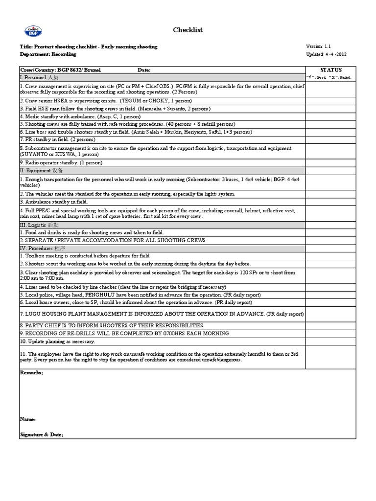 CL - Prestart Shooting Checklist 1.2 | PDF | Vehicles | Transport