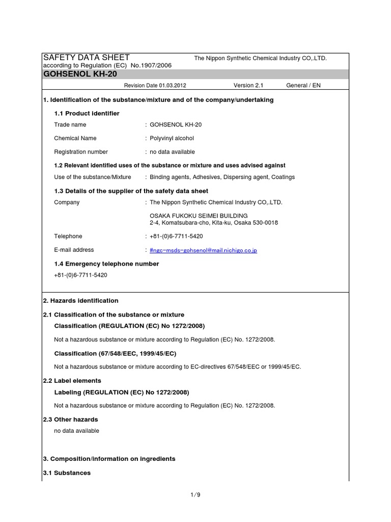 GOHSENOL KH-20 Safety Data Sheet | PDF | Toxicity | Dangerous Goods