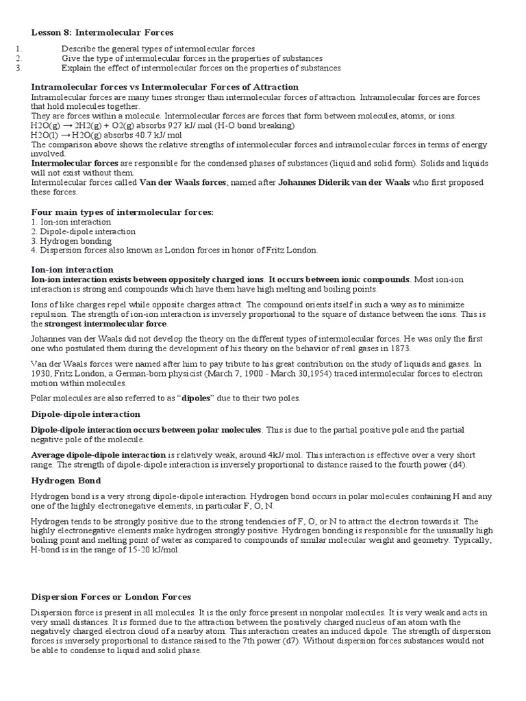 Lesson 8 Intermolecular Forces Abm Gas Humss | PDF | Intermolecular ...