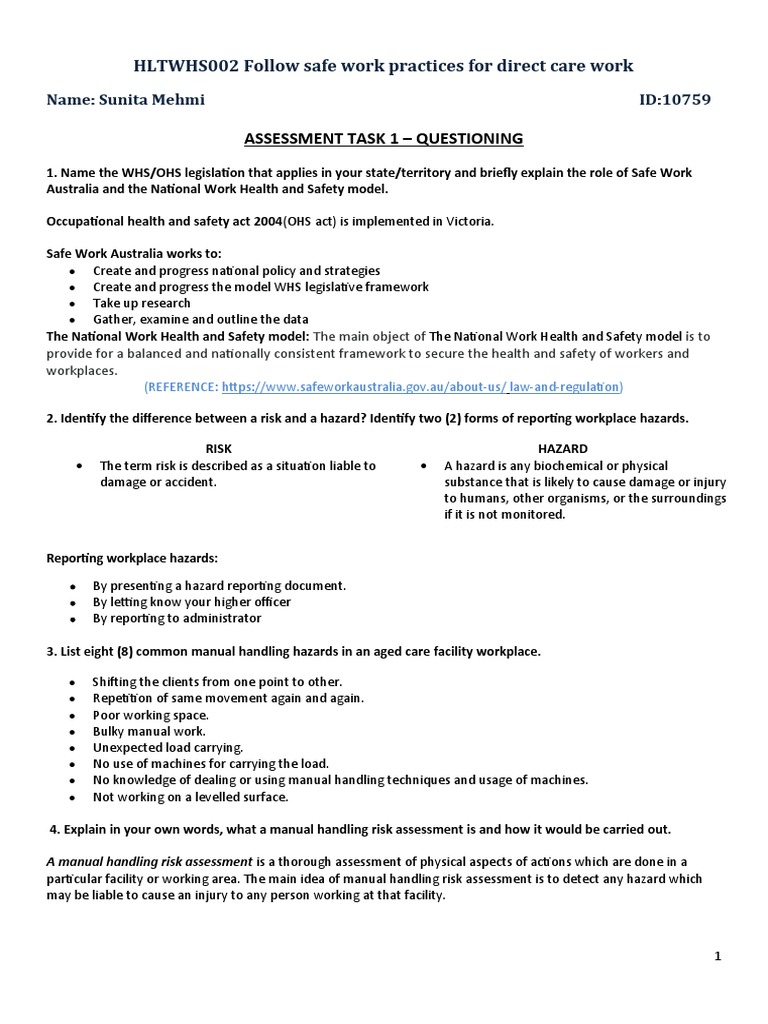 HLTWHS002 Follow Safe Work Practices For Direct Care Work TASK1 | PDF ...
