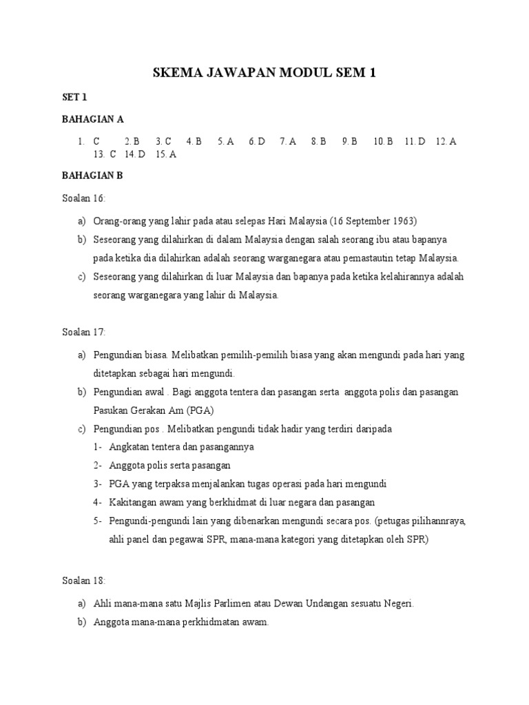 Set 1 Skema Jawapan Modul Sem 1 | PDF