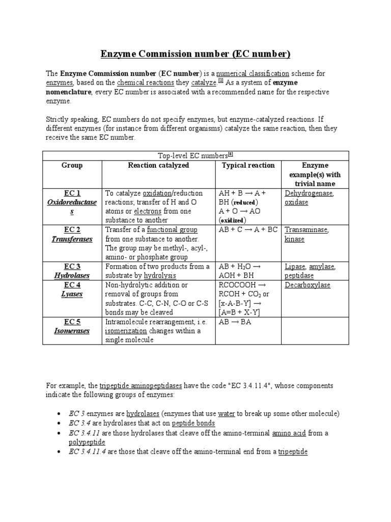 Enzyme Commission Number (EC Number) | PDF | Enzyme | Biomolecules