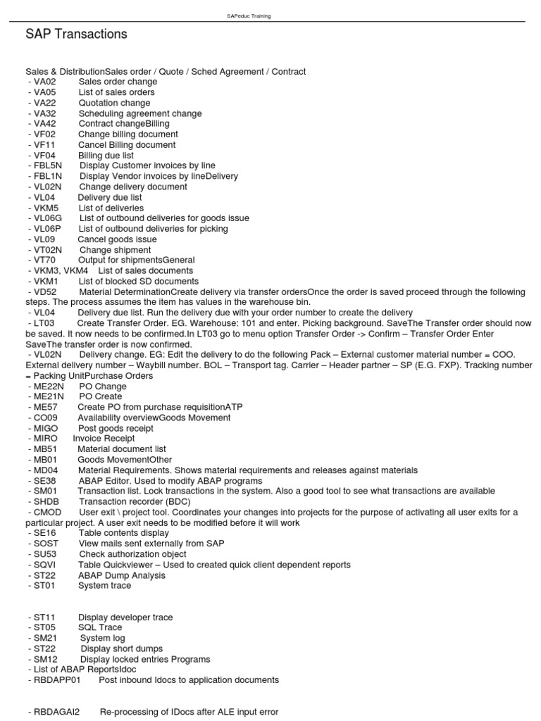SAP Transaction Codes Guide | PDF