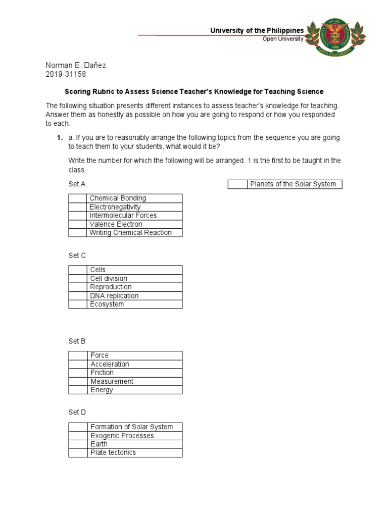 Scoring Rubric To Assess Science Teachers Knowledge For Teaching Pdf
