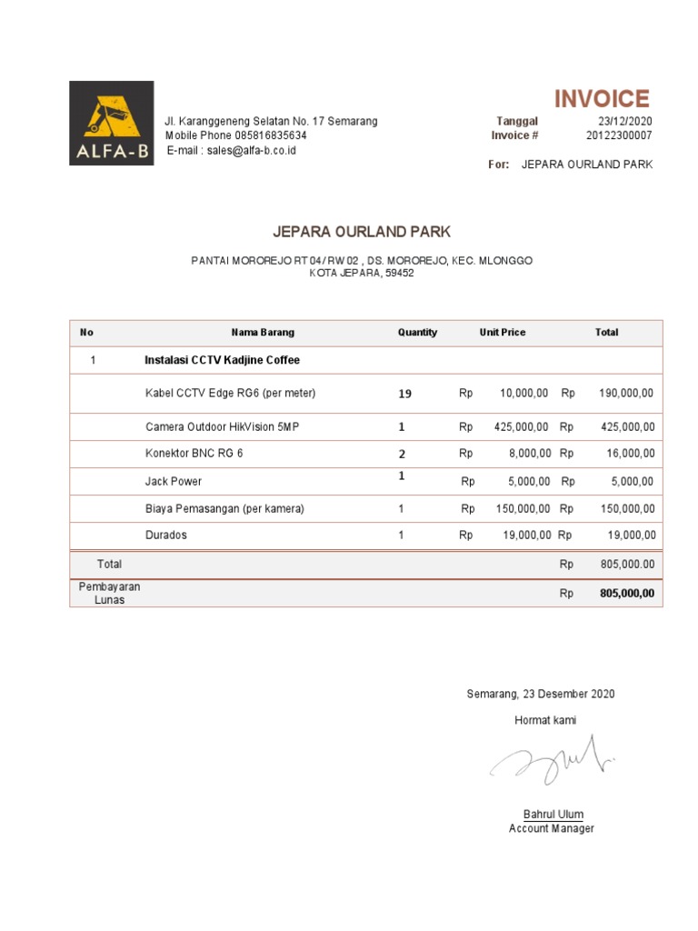 Contoh Invoice Pemasangan Jasa CCTV | PDF