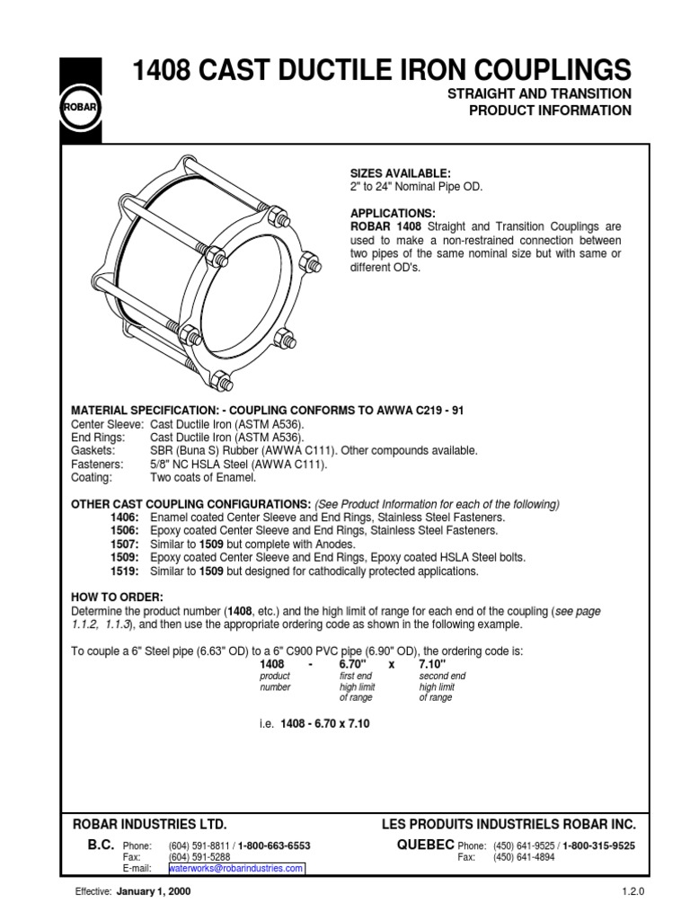 P Robar 1408 Cast Ductile Iron Couplings | PDF | Pipe (Fluid Conveyance ...