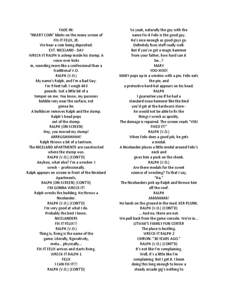 Wreck It Ralph Script | PDF | Leisure