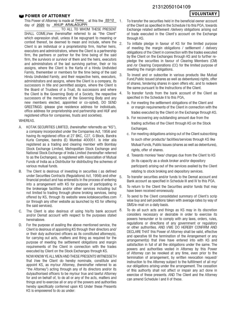 Kotak Securities Power of Attorney Form | PDF | Financial Markets | Justice