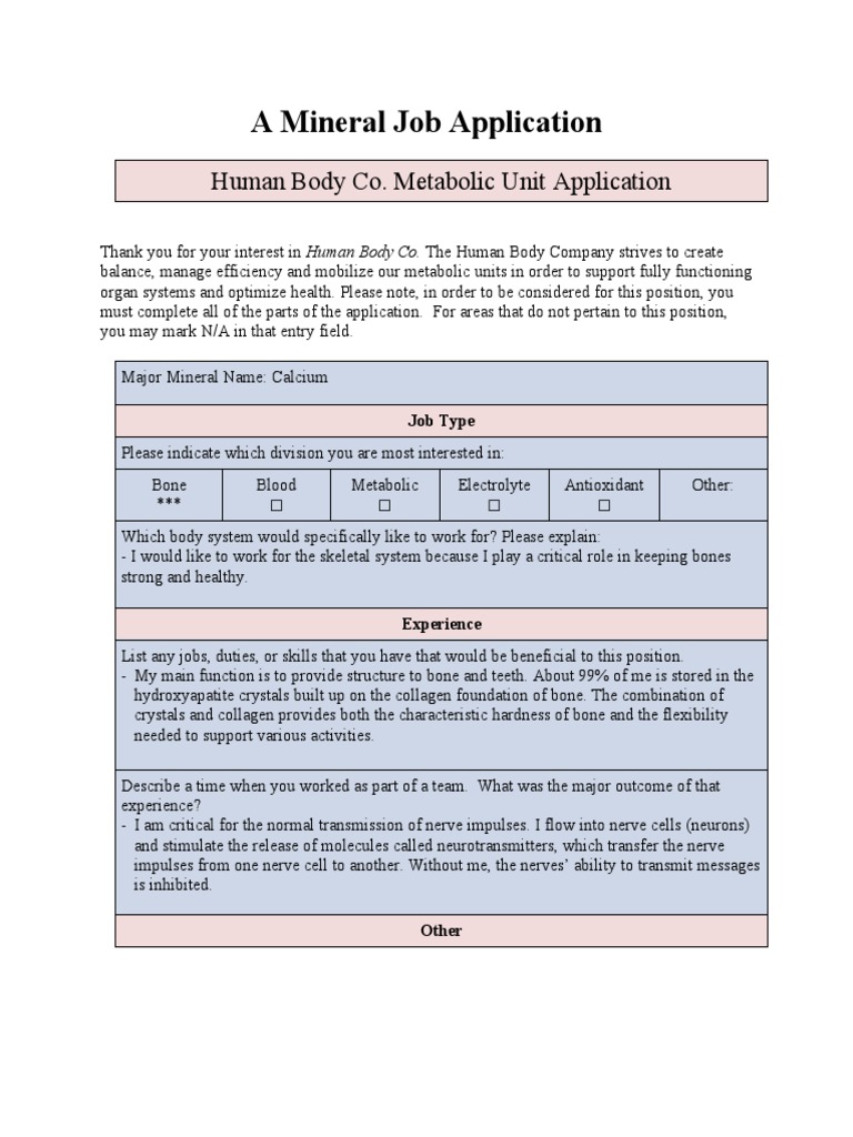 A Mineral Job Application: Human Body Co. Metabolic Unit Application ...