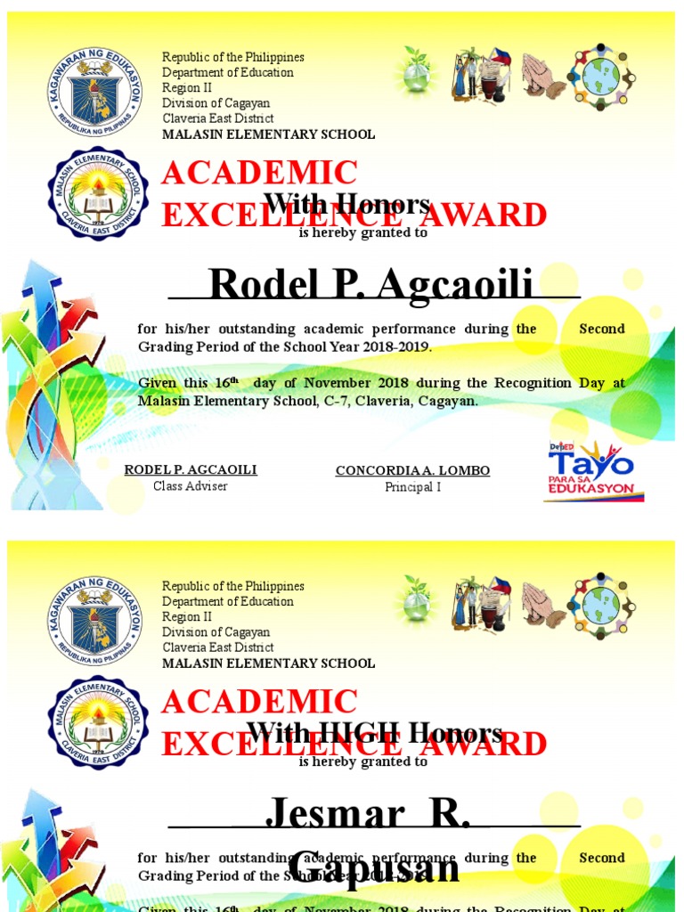 Certificate of Honor Pupils Second Grading-2018 | PDF | Southeast Asia | Social Institutions