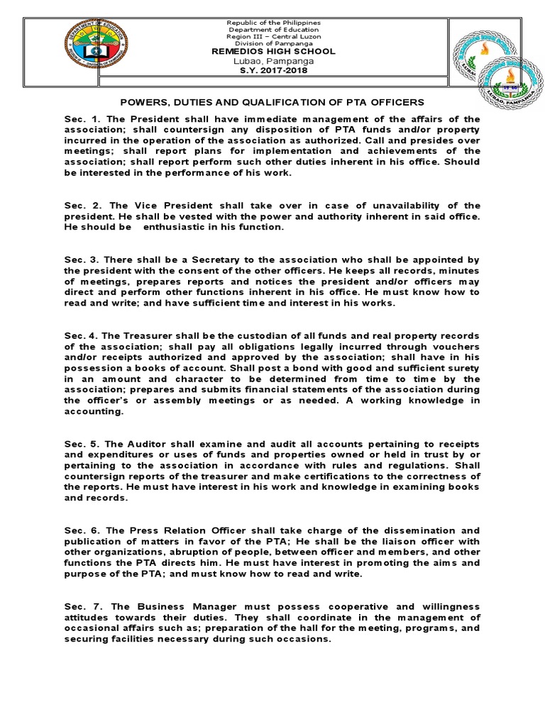 PTA Roles and Responsibilities 17-18 | PDF | Policy | Employment