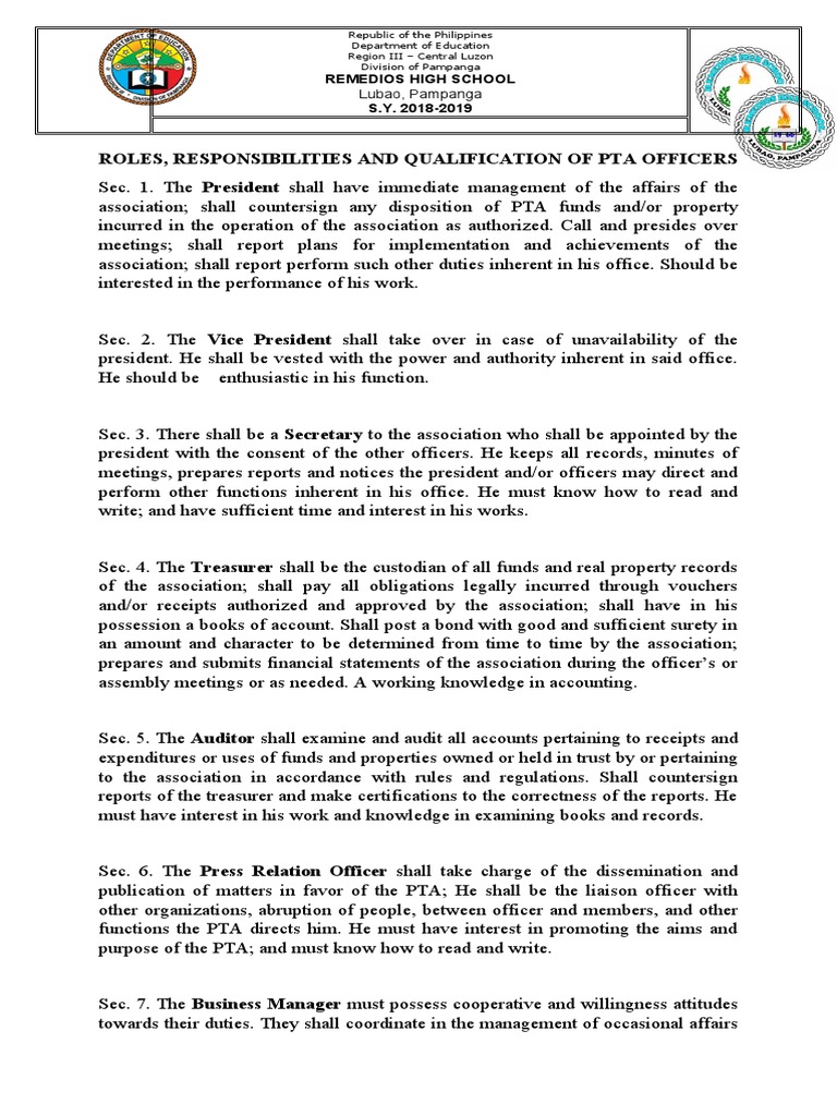 PTA Roles and Responsibilities 18-19 | PDF | Committee | Policy