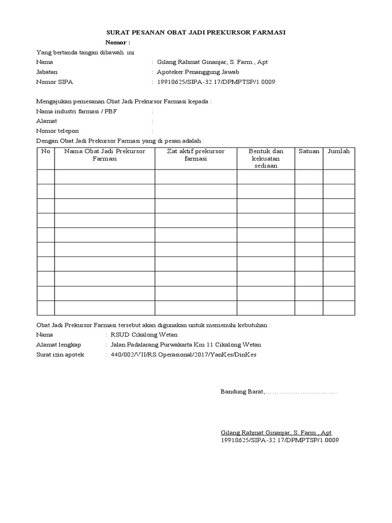 Surat Pesanan Obat Prekursor | PDF