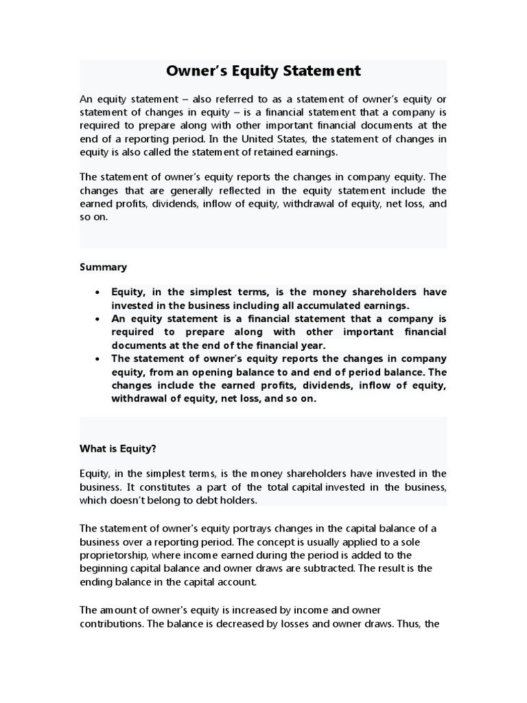Owner's Equity Statement | PDF | Financial Capital | Equity (Finance)