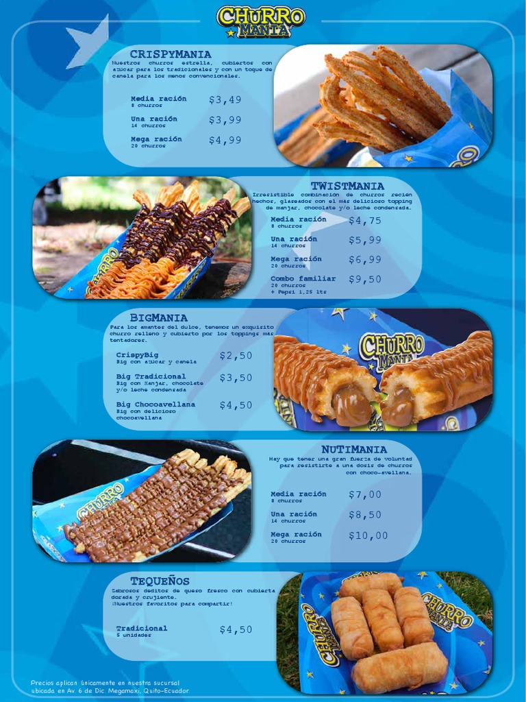 Menú Churromania EC A4 | PDF | Productos lácteos | Bocadillos