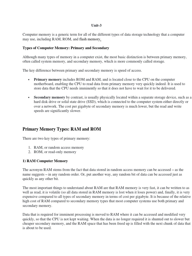 Types of Computer Memory: Primary and Secondary: Unit-3 | PDF | Random Access Memory | Read Only ...