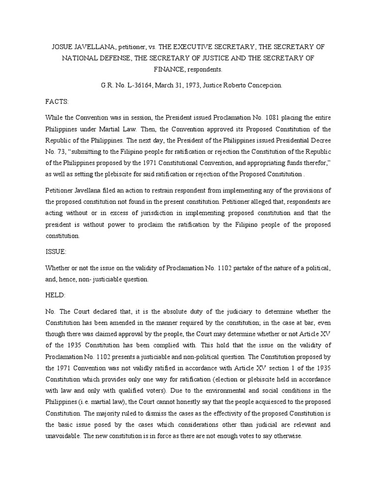 Javellana V Executive Secretary | PDF | Ratification | Constitution