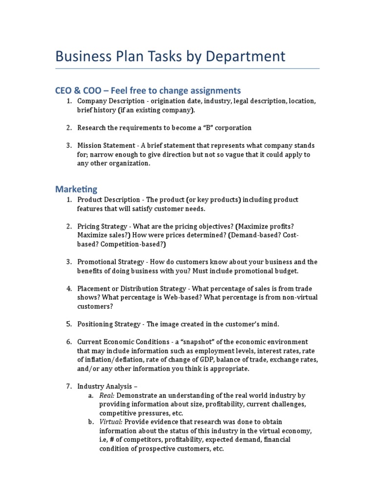 8 Business Plan Tasks by Department SAMPLE | PDF | Microeconomics ...