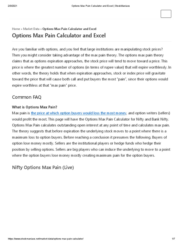 Options Max Pain Calculator and Excel - StockManiacs | PDF | Option ...