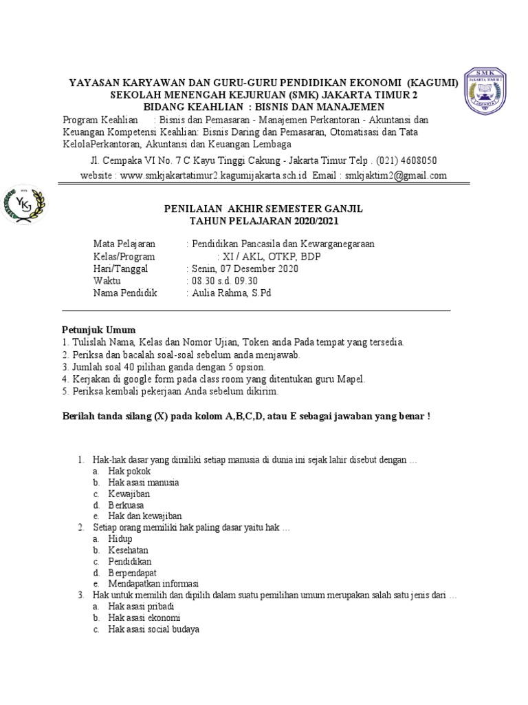 Soal PAS PPKN Kelas XI | PDF