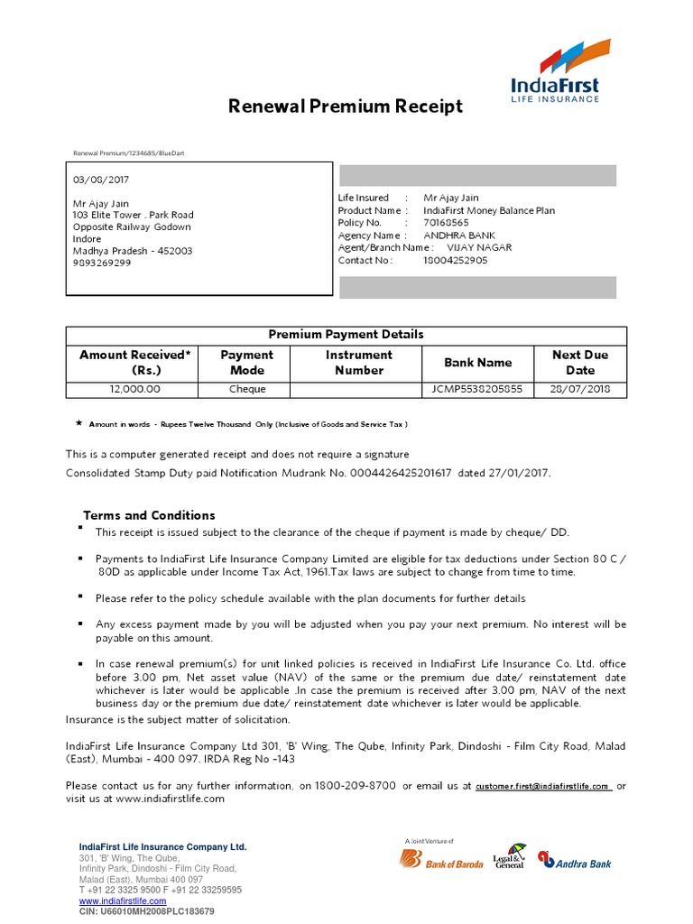 Renewal Premium Receipt | PDF | Life Insurance | Insurance