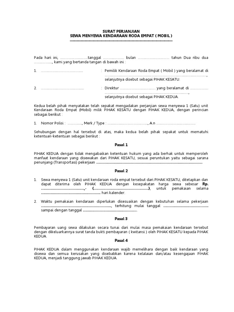 Perjanjian Sewa Kendaraan Roda 4 | PDF