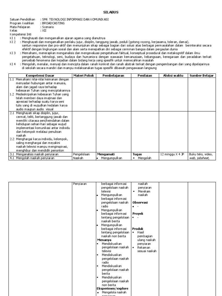 Silabus Skenario SMK Broadcasting Kelas | PDF