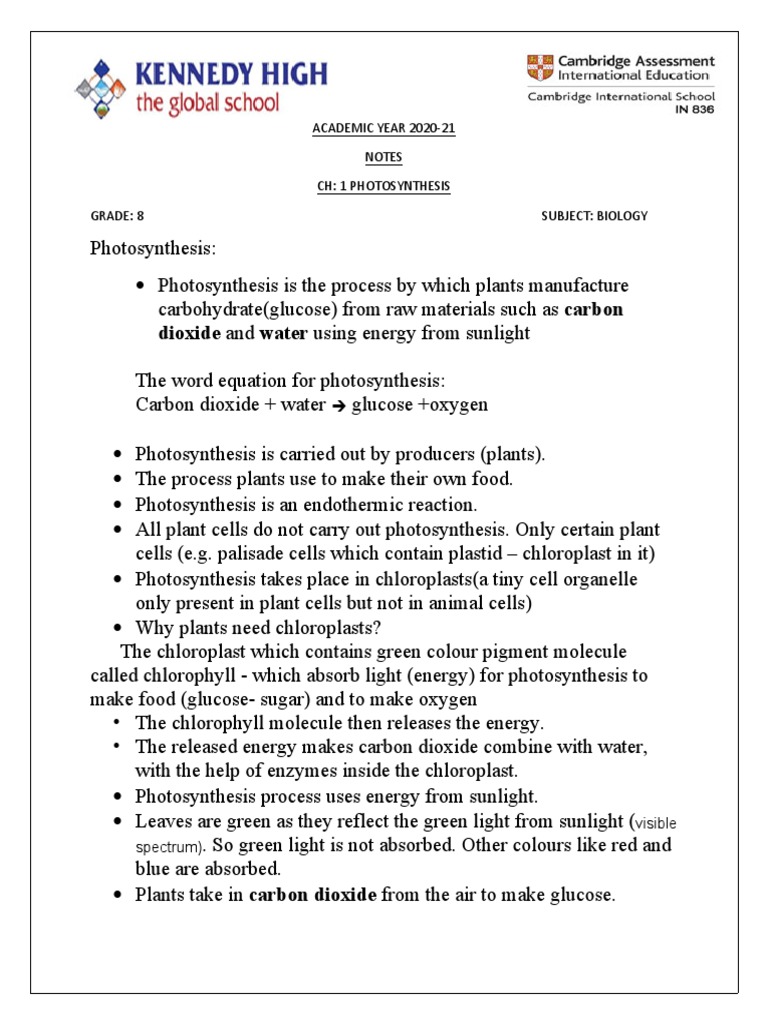 Dioxide and Water Using Energy From Sunlight: ACADEMIC YEAR 2020-21 ...