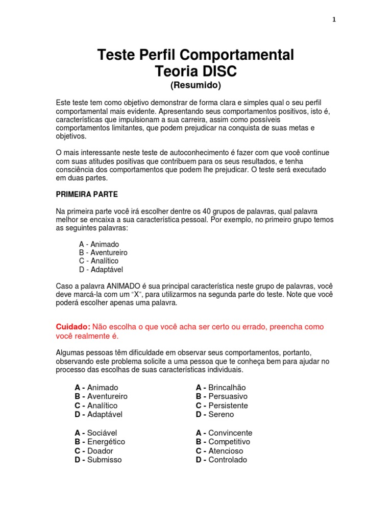 Teste Perfil Comportamental - DISC - SIMPLIFICADO | PDF | Comportamento ...