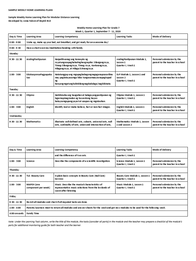 Sample Weekly Home Learning Plan For Modular Distance Learning | PDF ...