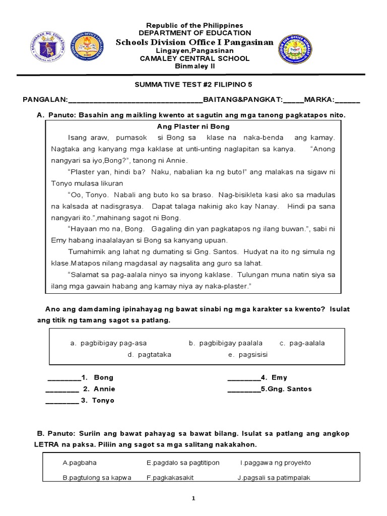 Q2 Filipino 5 Summative Test 2 | PDF
