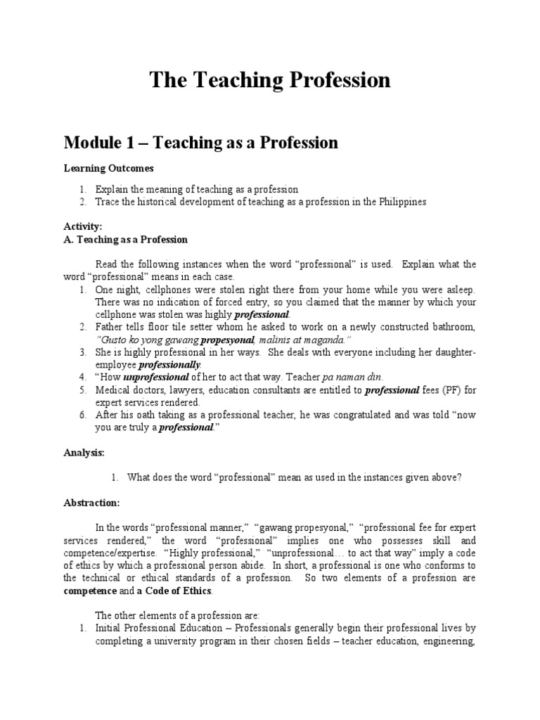 Module 1 - The Teaching Profession | PDF | Teachers | Further Education