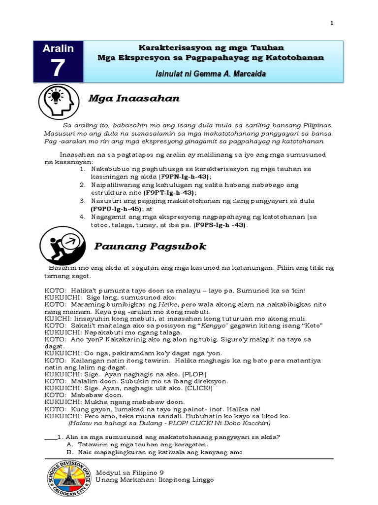 9 Filipino Q1 W7 AnsSheet | PDF