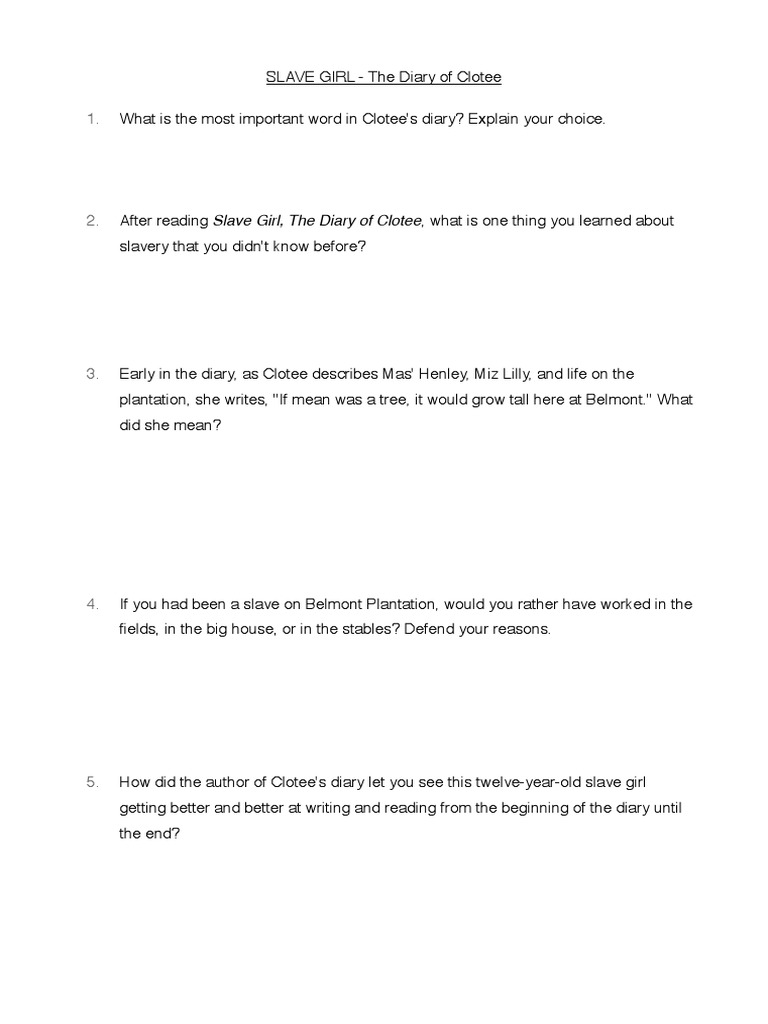 Slave Girl Comprehension Questions | PDF