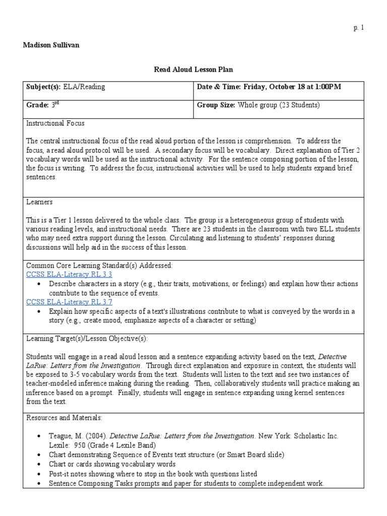 Reading Sample Lesson Plan | PDF | Reading Comprehension | Lesson Plan