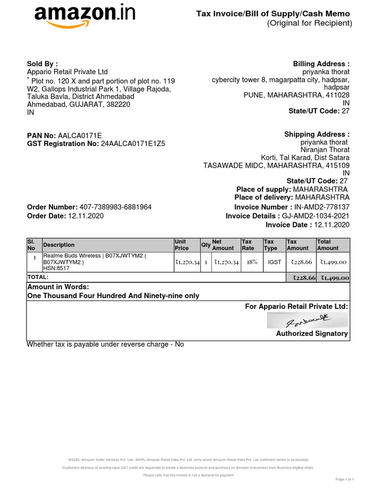 Tax Invoice for the Sale of One Realme Buds Wireless Headset from Appario Retail Private Ltd to ...