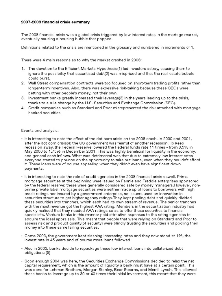 2008crisissummary1 1 | PDF | Financial Crisis Of 2007–2008 | Bear Stearns