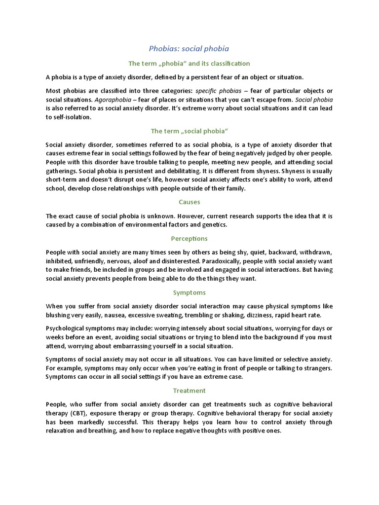 Phobias: Social Phobia: The Term Phobia" and Its Classification | PDF ...