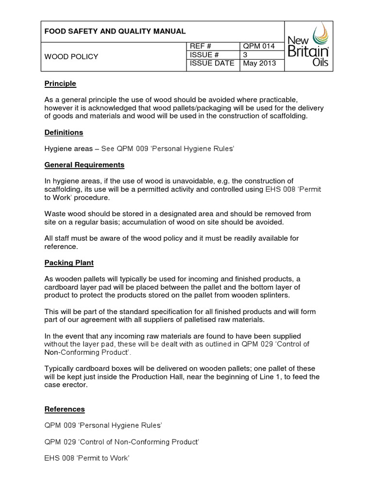 Wood Policy in Food Safety Manual | PDF