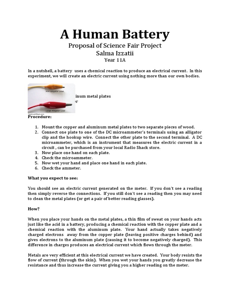 Human Battery Science Fair Project | PDF | Electric Current | Battery ...
