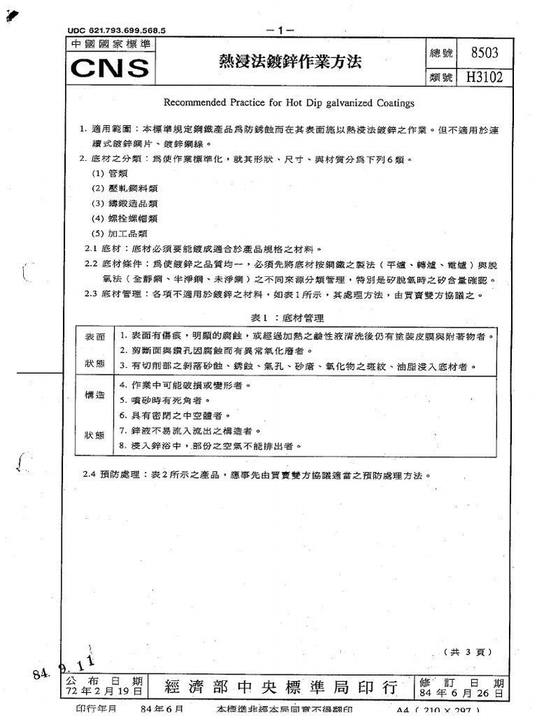 CNS-8503-H3102-1995-Recommended Practice For Hot Dip Galvanized Coatings | PDF