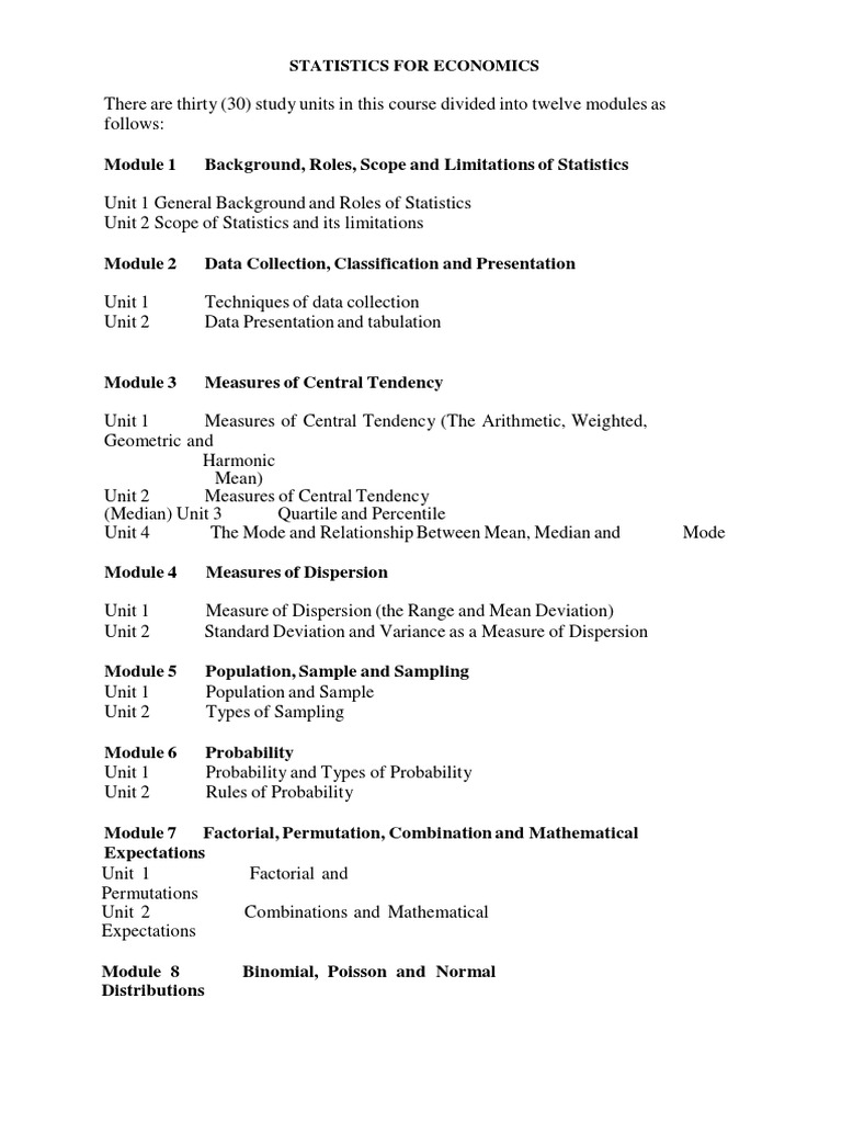 ECONOMICS STATISTICS MODULE OVERVIEW | PDF | Mean | Mode (Statistics)