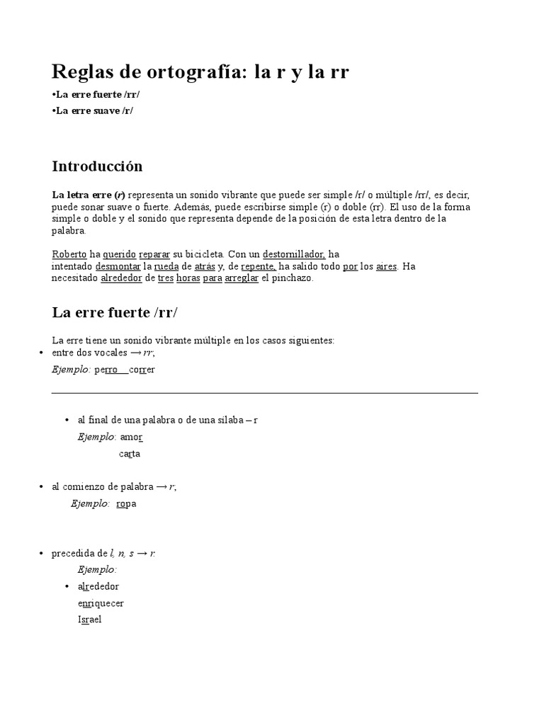 Reglas de Ortografía: La R y La RR: Introducción | PDF